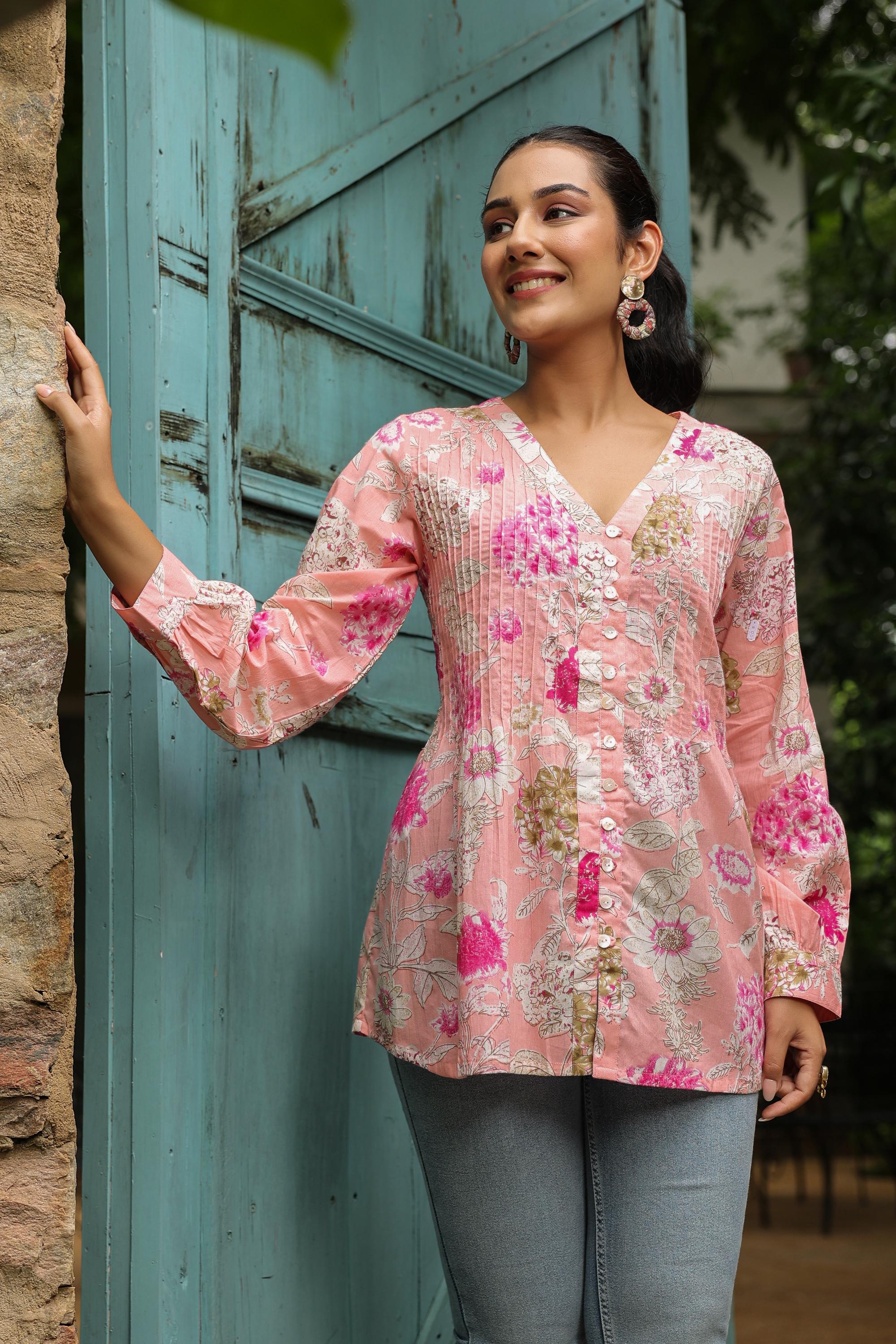 Hand Block Printed Cotton Floral Top Pink Jaipuri Print Kurti Summer ...