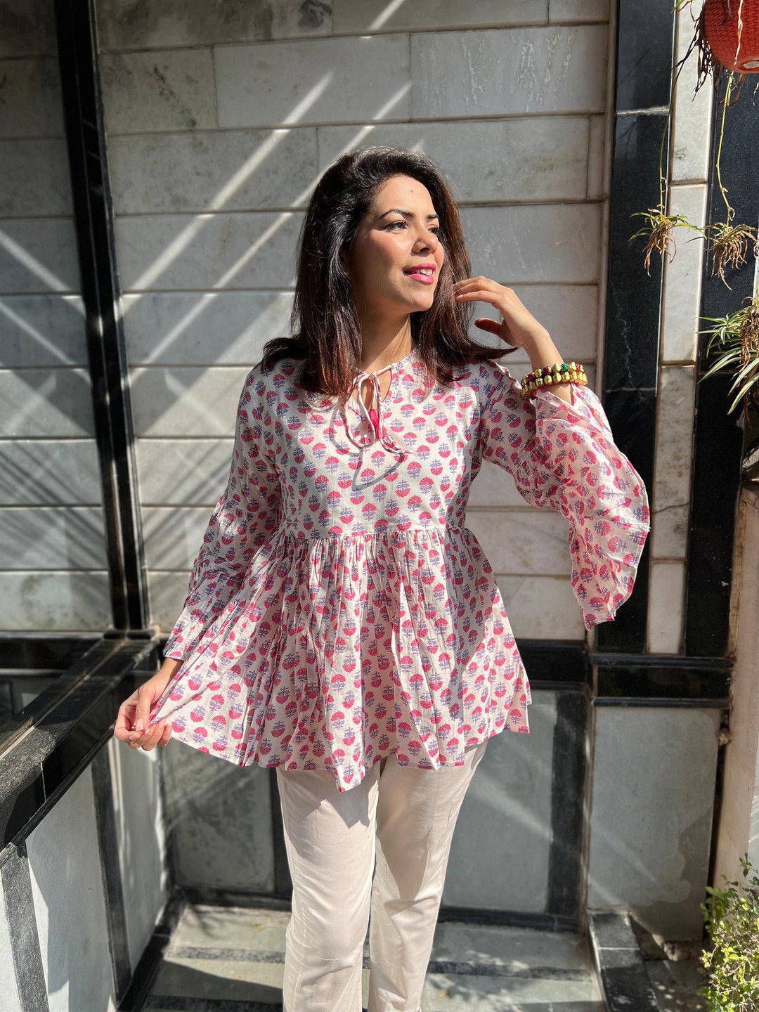 Hand Block Print Cotton Floral Top | Bell Sleeve Kurti Tunic Handmade ...