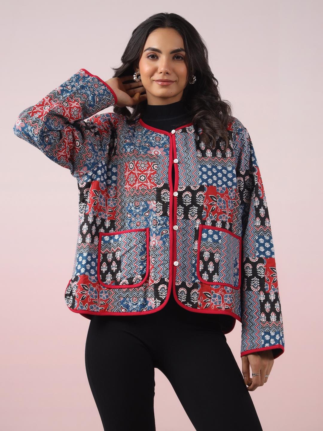 Handmade Blue Black Block Print Cotton Quilted Jacket Patchwork ...
