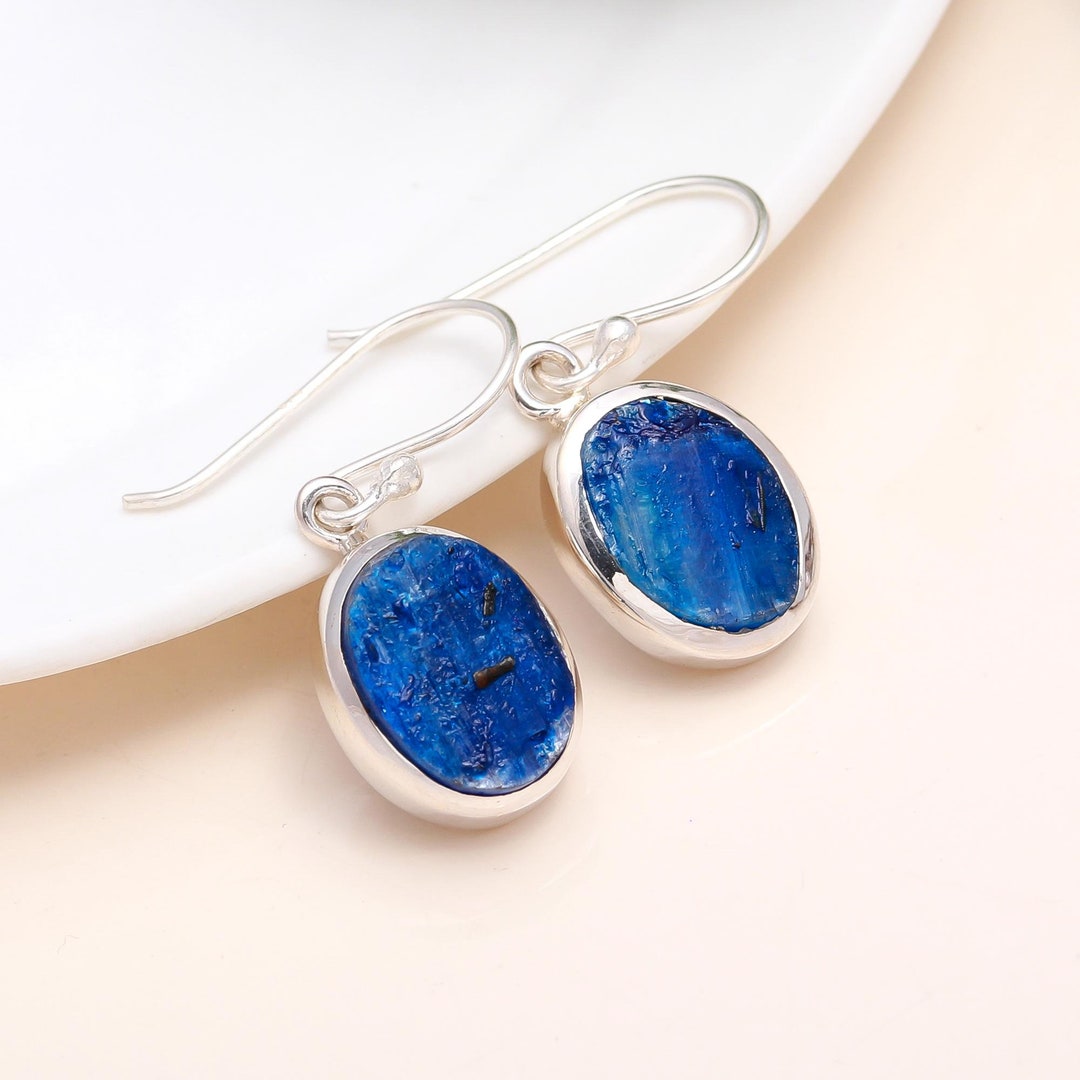 Elegant Kyanite Drusy Earrings, Gemstone Earrings, Blue Drop & Dangle Earrings, 925 Sterling ...