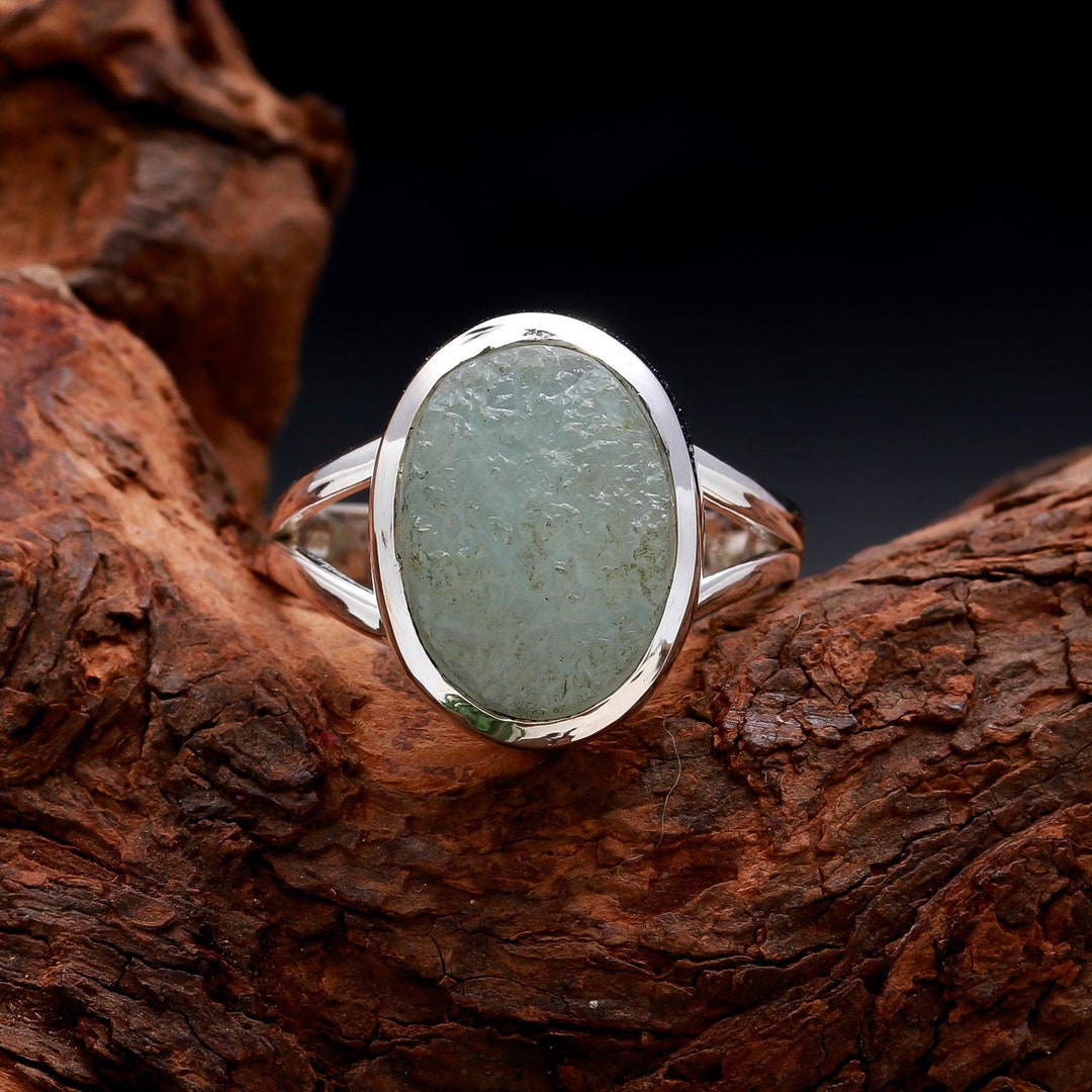 100% Genuine Aquamarine Drusy Ring, Gemstone Ring, Blue Band Ring, 925 ...