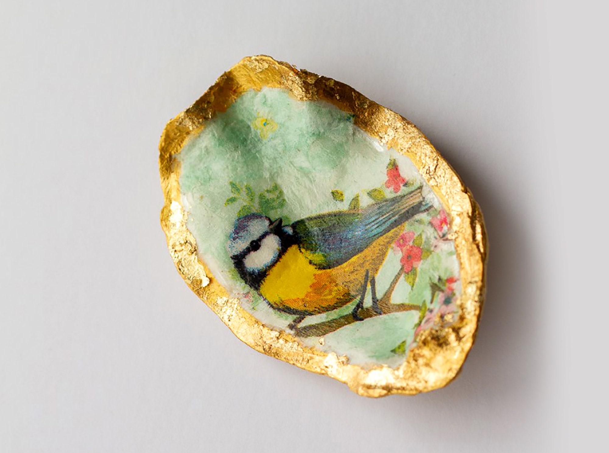 Plato de baratija de concha de ostra / Diseño de pájaro tit azul ...