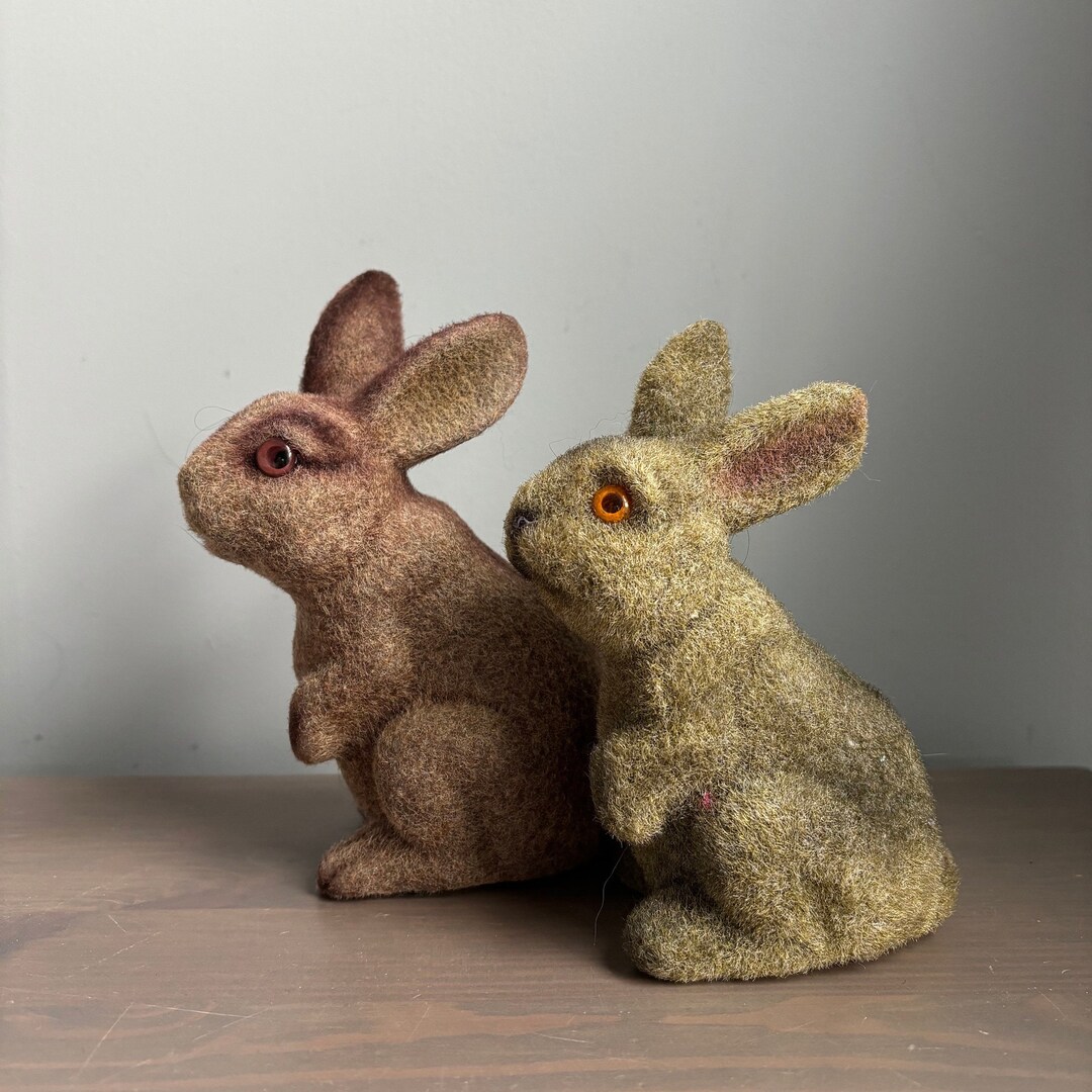 2 Vintage Fuzzy Bunny Banks / Pair Flocked Rabbit Money Banks Rabbits ...