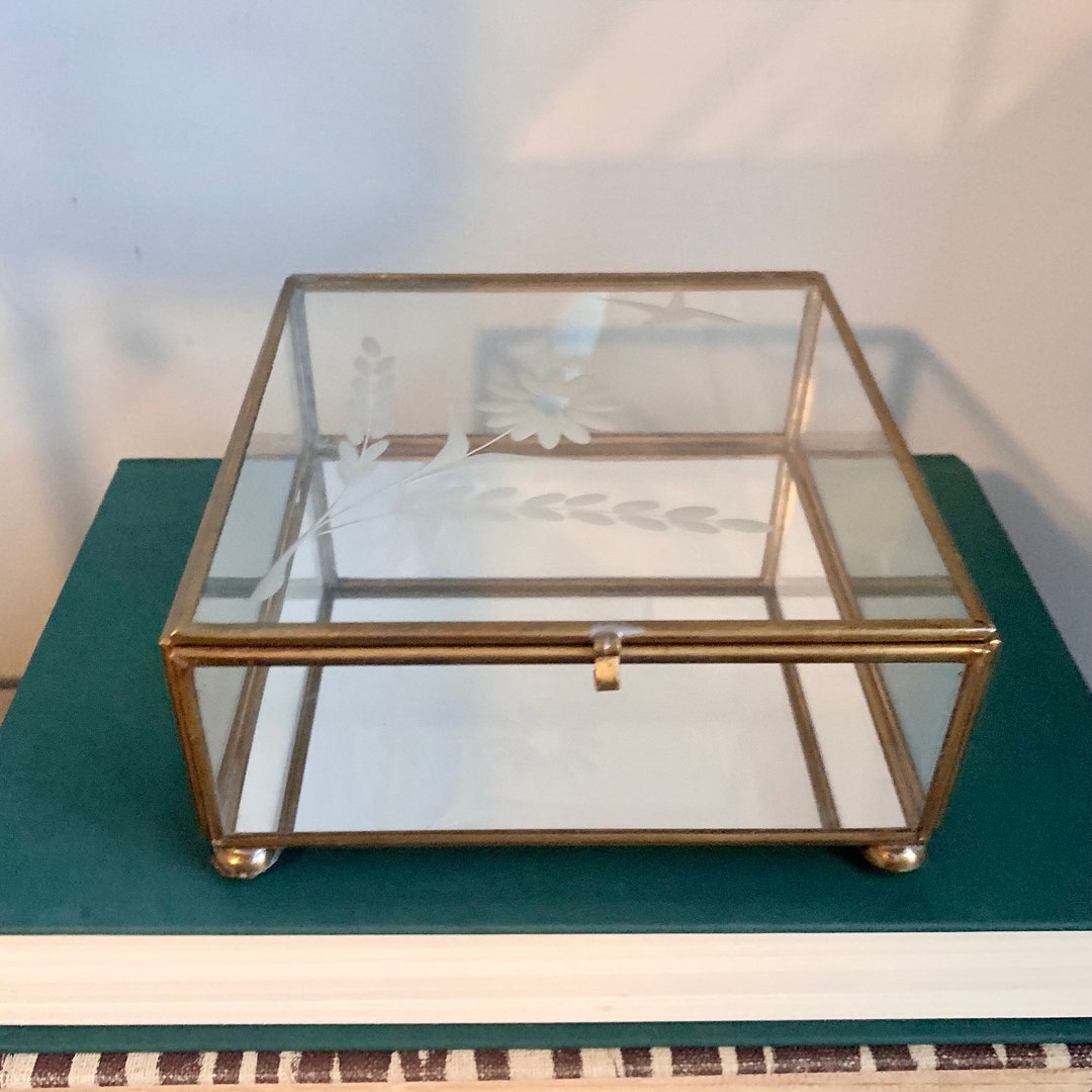 Vintage Brass & Etched Glass Jewelry Box / Unique Floral Glass - Etsy