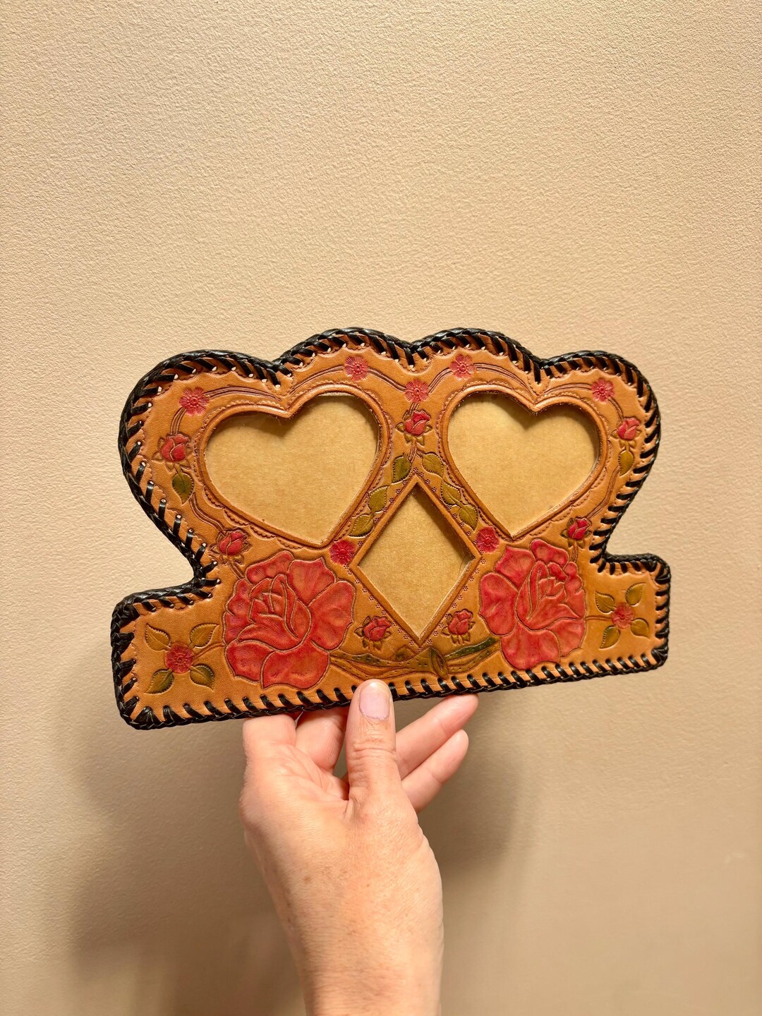 Vintage Carved Leather Picture Frame / Tooled Leather Frame for Couples ...