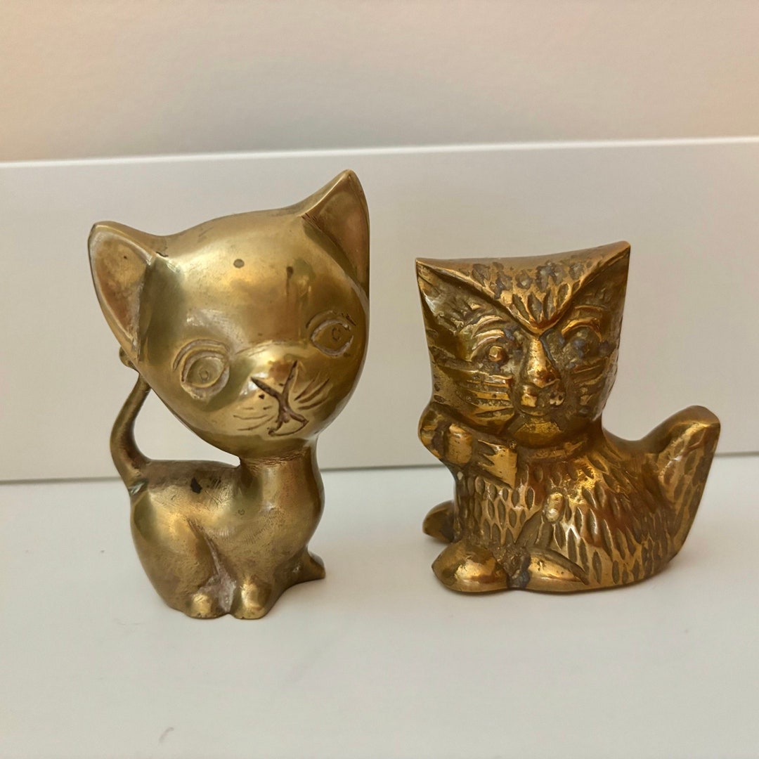 Vintage Curated Brass Cat Pair / Pair Big Head Cat Figurine Two Brass ...