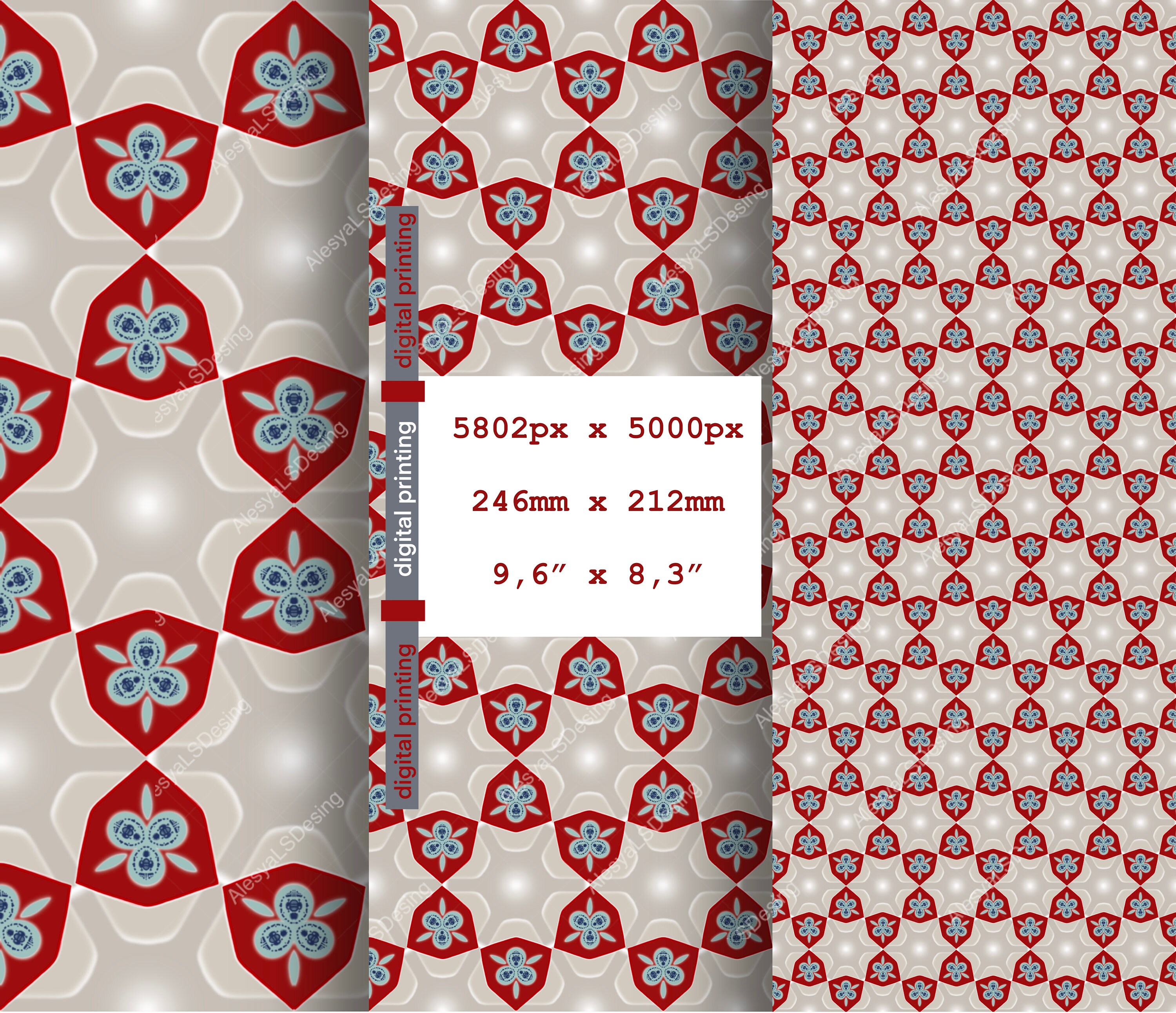 Digital Seamless Red Pattern Red Triangle Pattern Light Blue Flowers ...