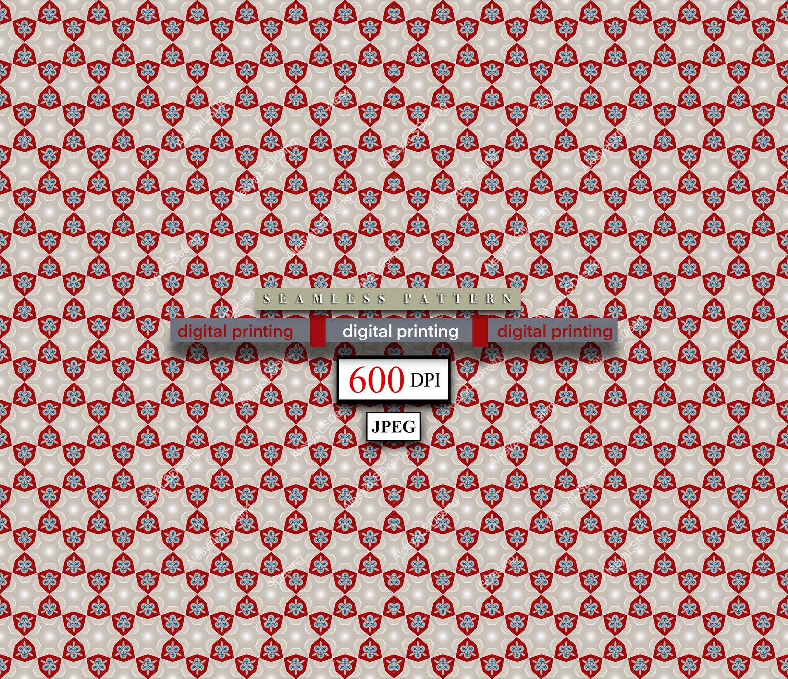 Digital Seamless Red Pattern Red Triangle Pattern Light Blue Flowers ...
