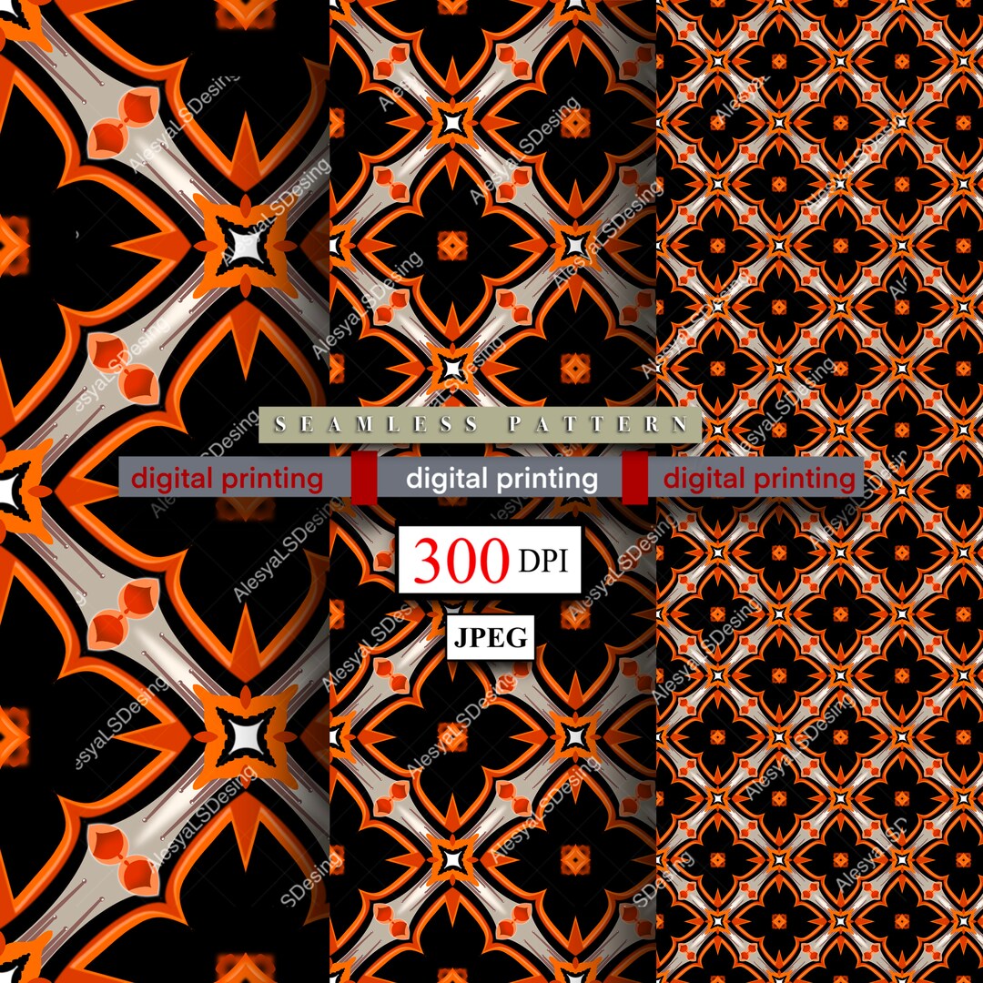 Digital Seamless Pattern Black Geometric Flowers Orange Flowers Pattern ...