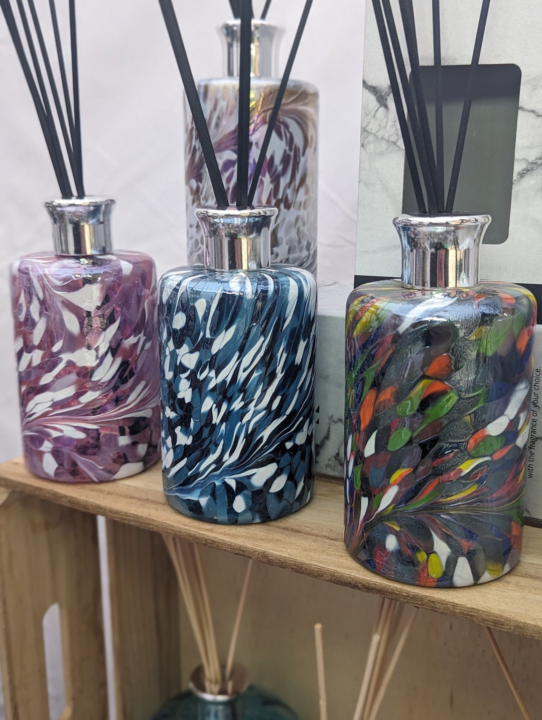 15cm Reed Diffuser Mouth Blown Glass Cylinder Turquoise Blue White ...