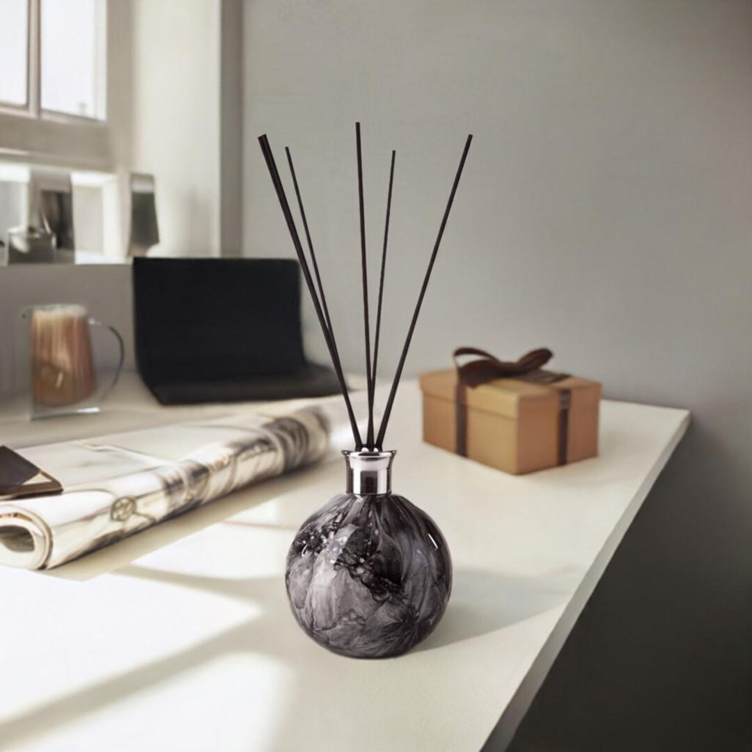 Large Sphere Reed Diffuser Mouth Blown Glass Black Grey Marble Effect ...