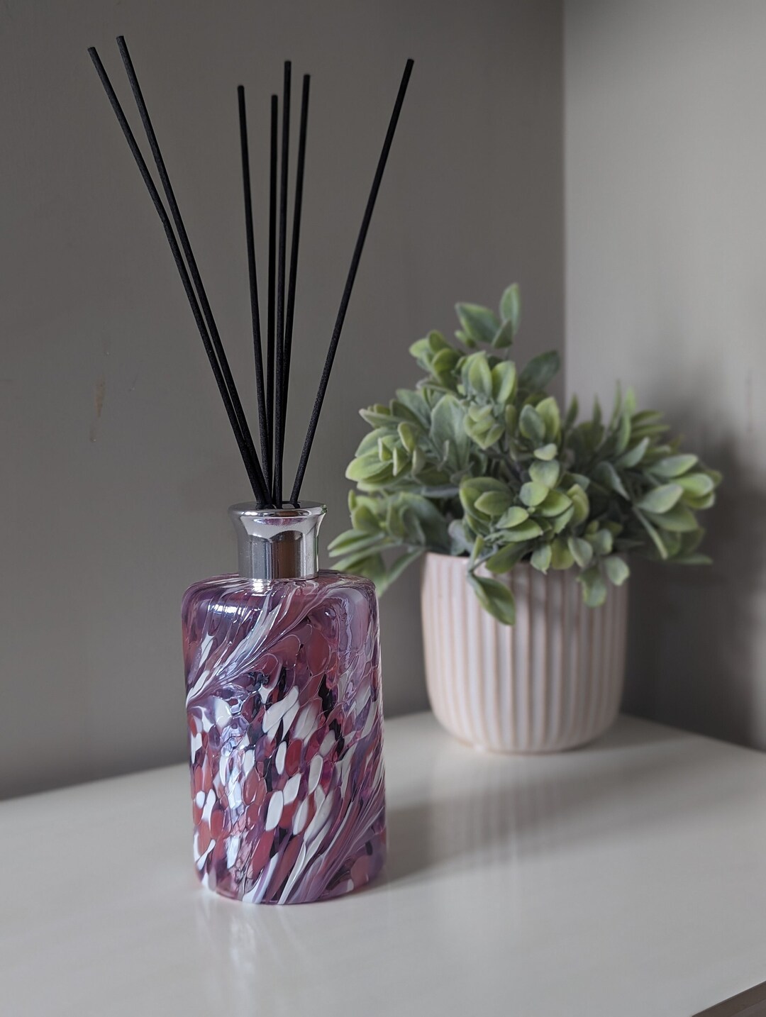 15cm Reed Diffuser Mouth Blown Glass Cylinder White Pink Purple Design ...