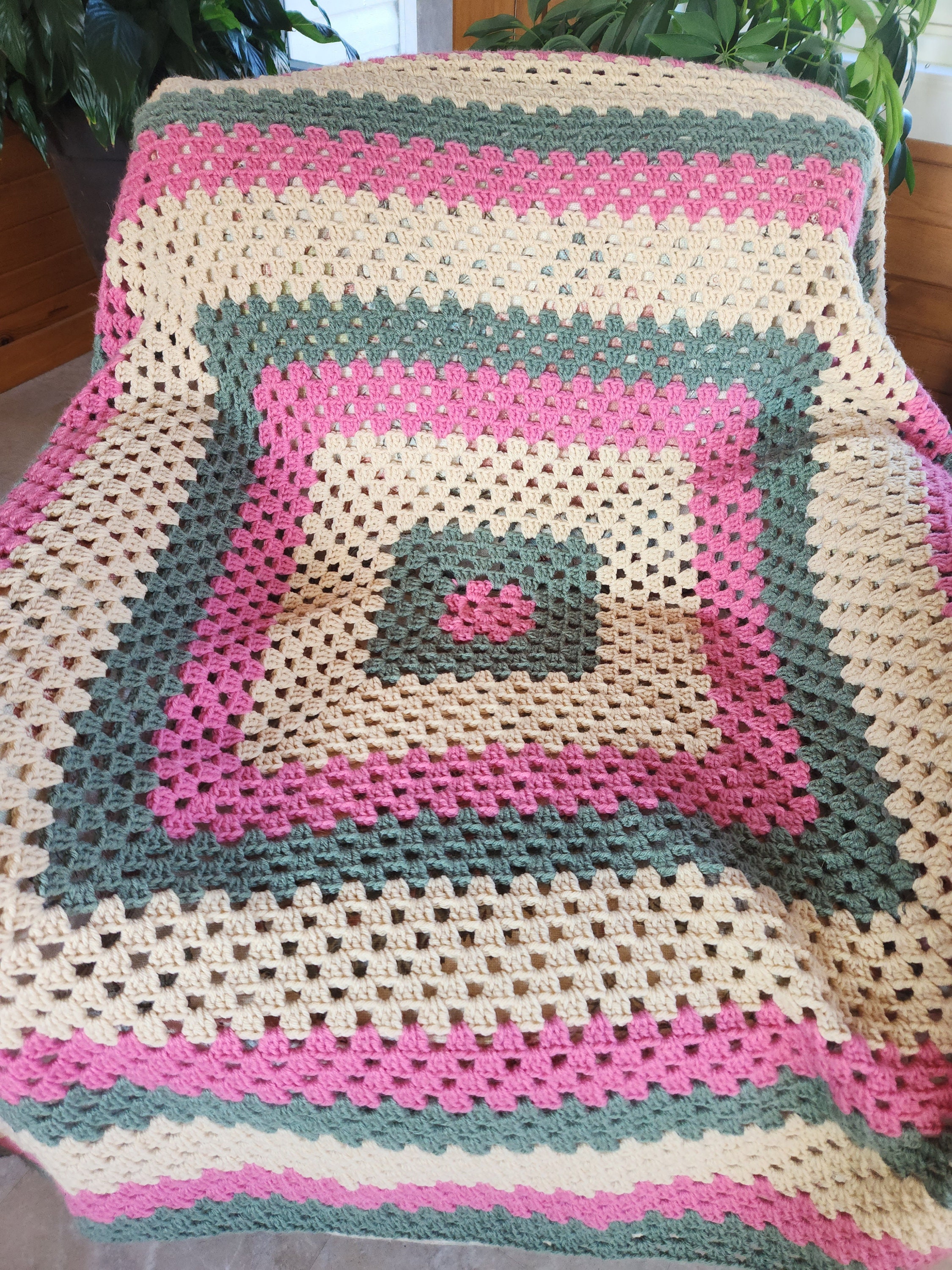 Soft Granny Square Blanket in Rose Pink ,green and Beige That Measures ...