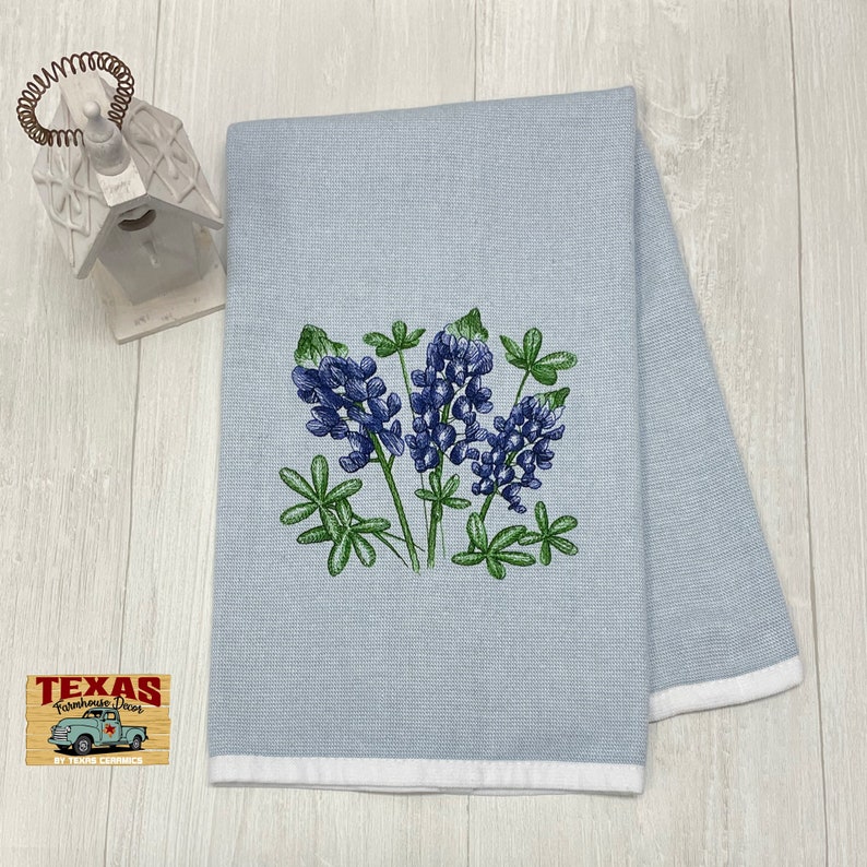 Texas Bluebonnet Wildflowers Embroidery on Chambray French Terry Towel ...
