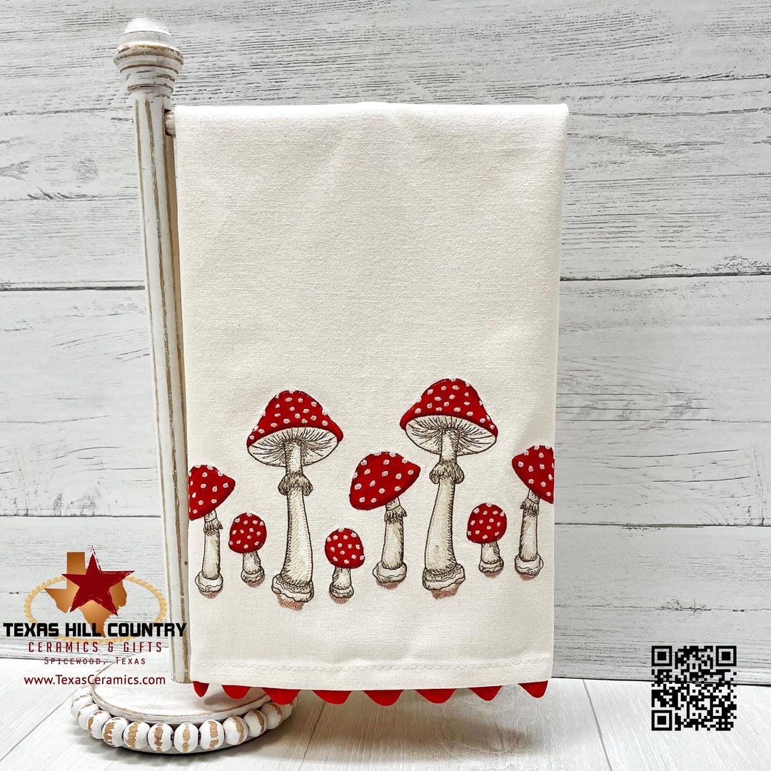 Mushroom Cotton Towel, Toadstool Border Embroidery Design on Ecru ...