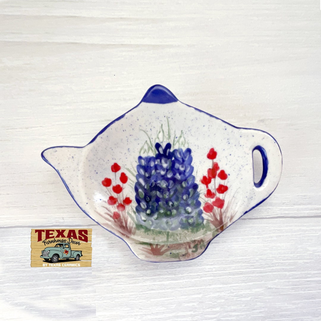 Teapot Tea Bag Holder or Small Spoon Rest With Hand Painted Bluebonnets ...