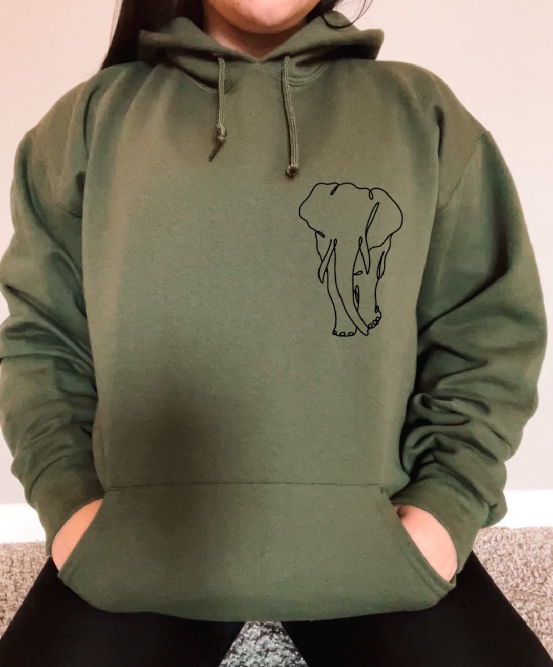 Elephant Line Art Hoodie, Minimalist Safari Animal Apparel, Women's ...