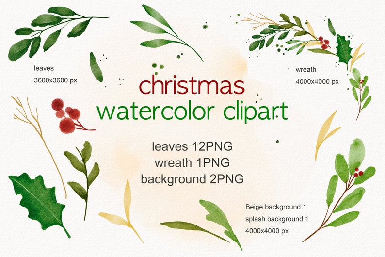 Christmas Watercolor Clipart, Winter Greenery, Holly Leaves, winter ...