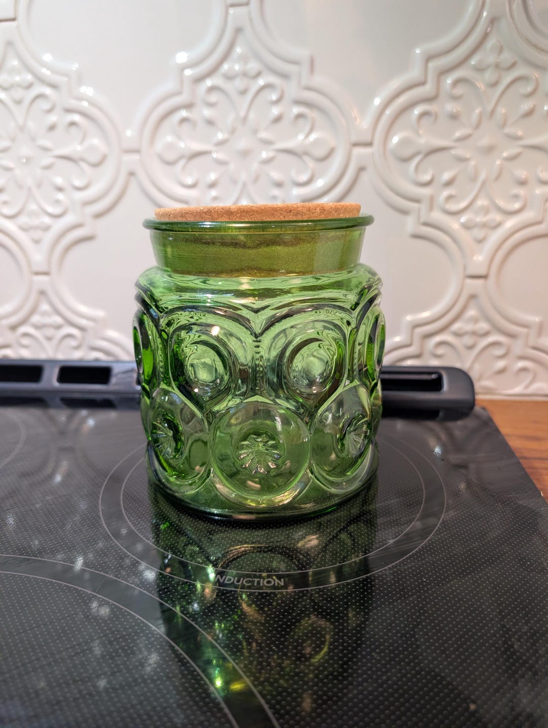 Vintage LE Smith Emerald Green Moon & Stars Glass Kitchen Canister ...