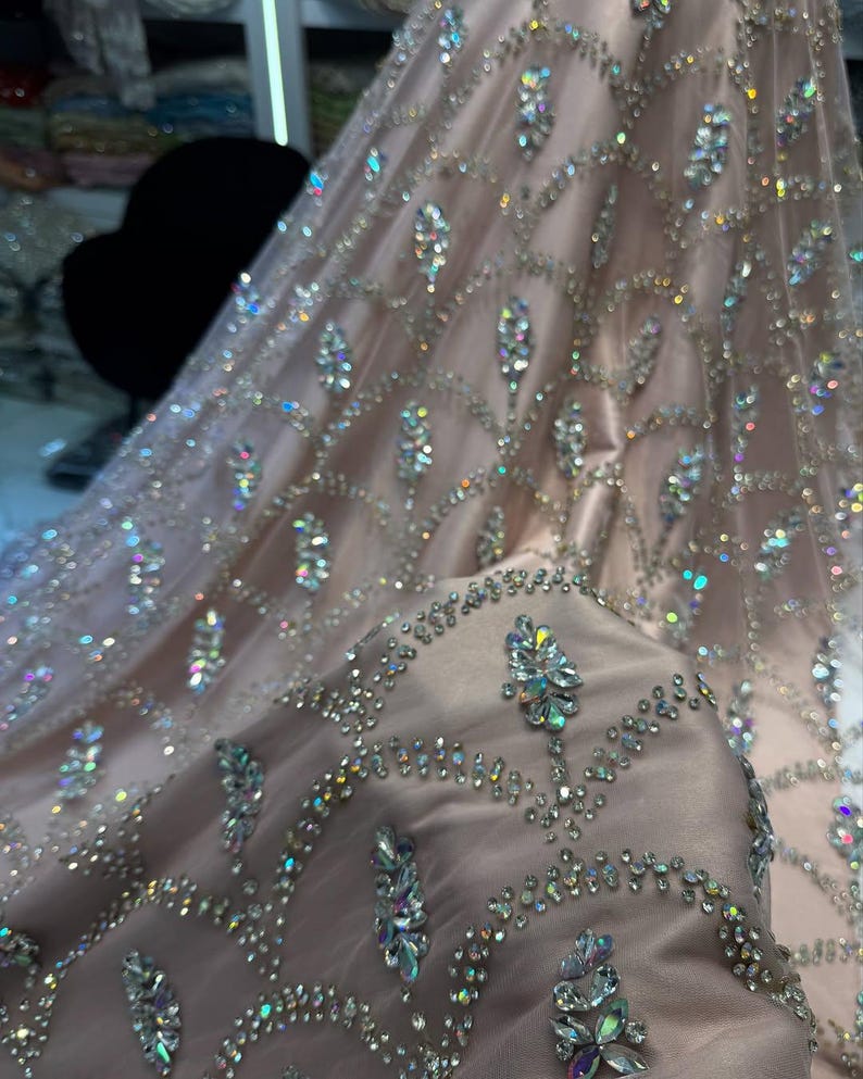 Diamond Lattice Crystal Mesh Fabric | Hand Embroidered Rhinestone Tulle ...