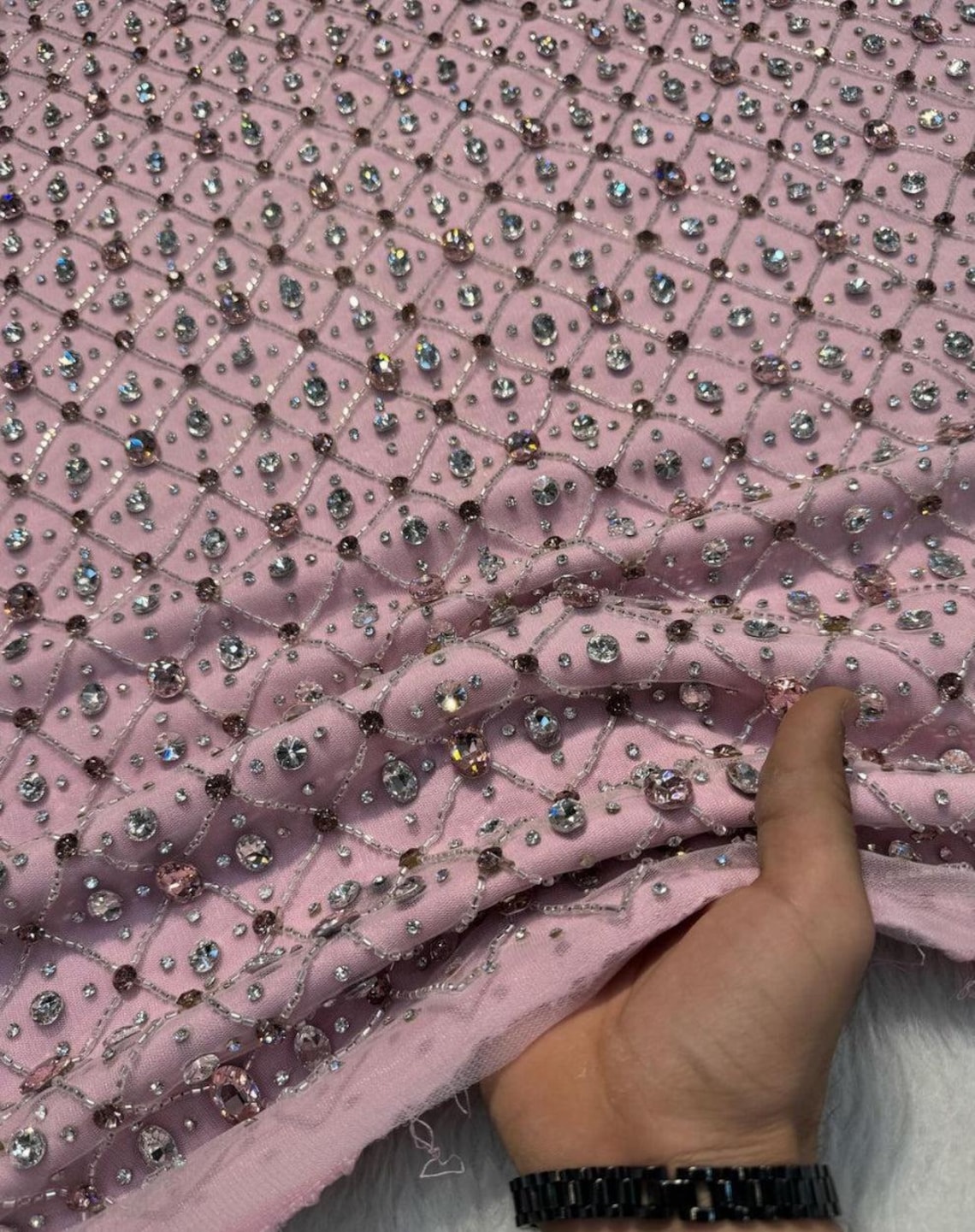 High-end Rhinestone Embellished Fabric | Luxurious Beaded Mesh for Prom ...