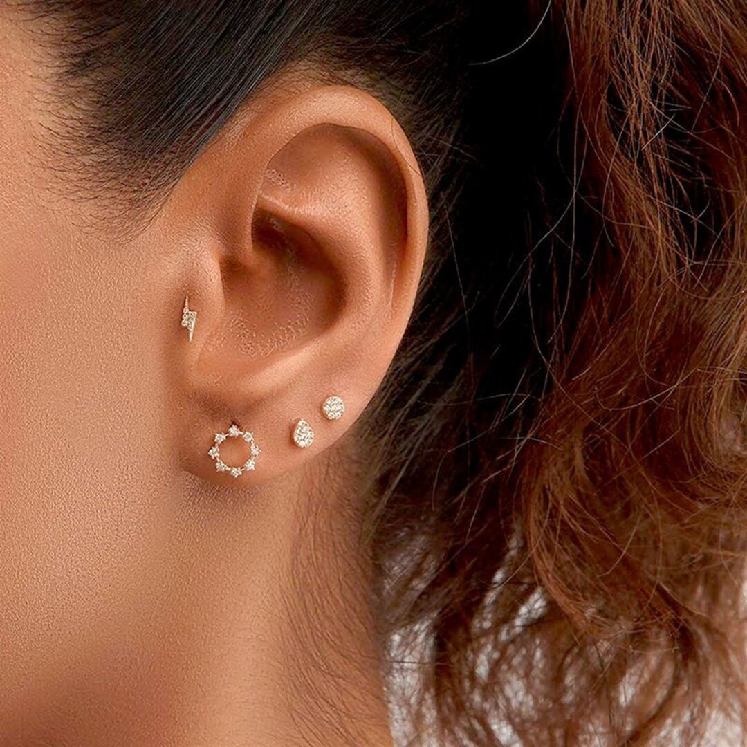 14k Solid Gold Diamond Lightening Ear Piercing Thunderbolt - Etsy