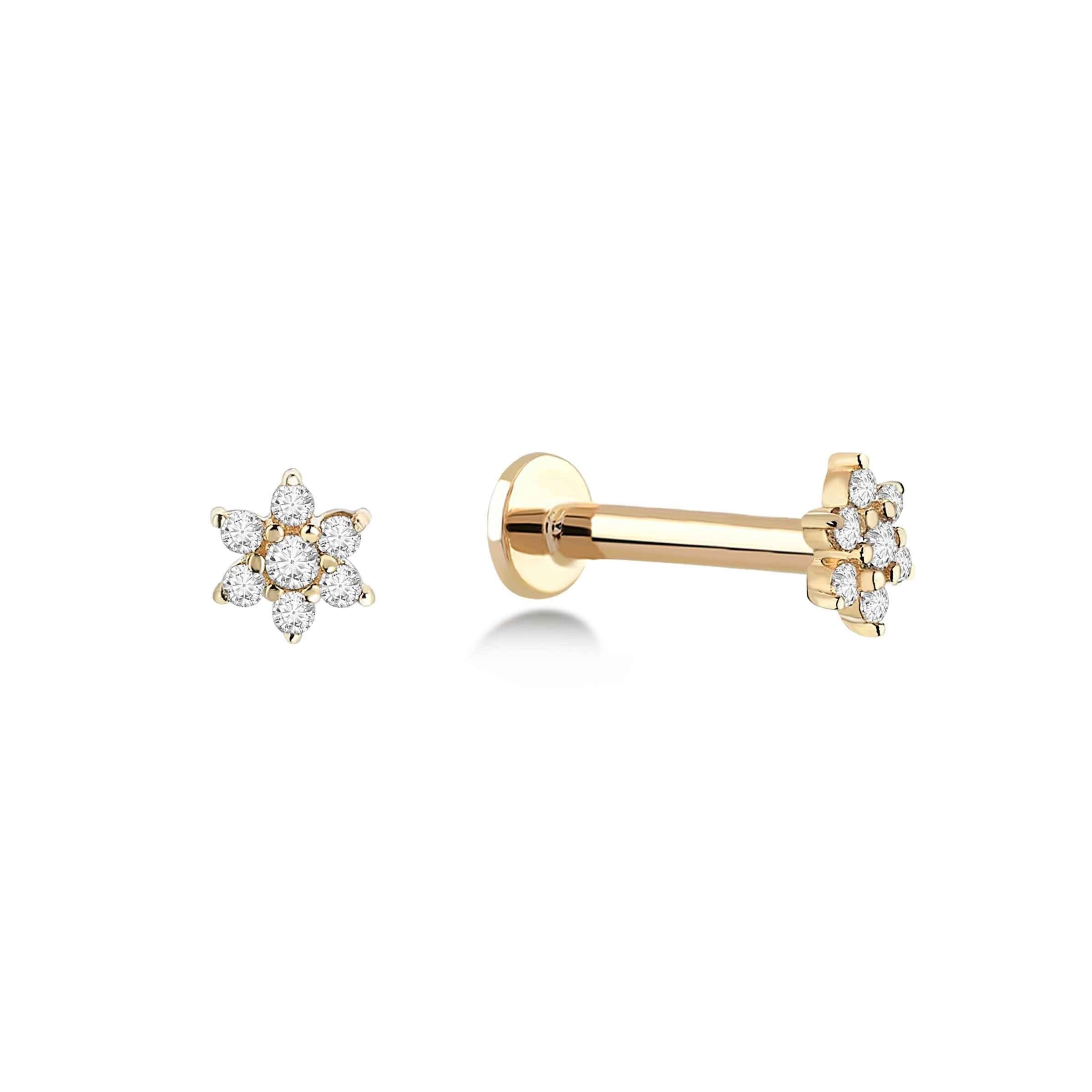 14K Solid Gold Daisy Ear Piercing Flower CZ Piercing Snow Flake ...