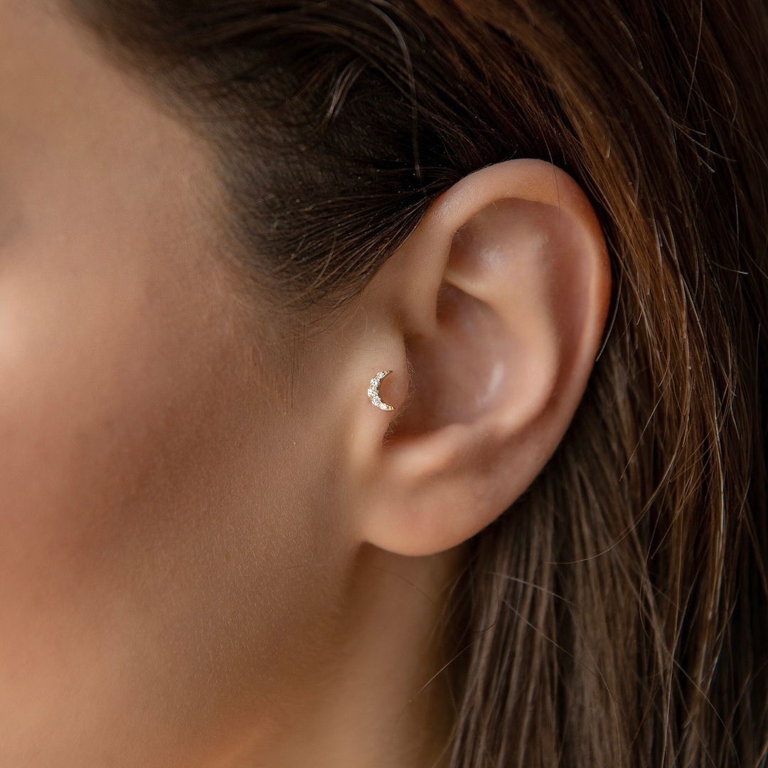 14k Solid Gold Diamond Moon Ear Piercing | Flat Back Crescent Stud ...