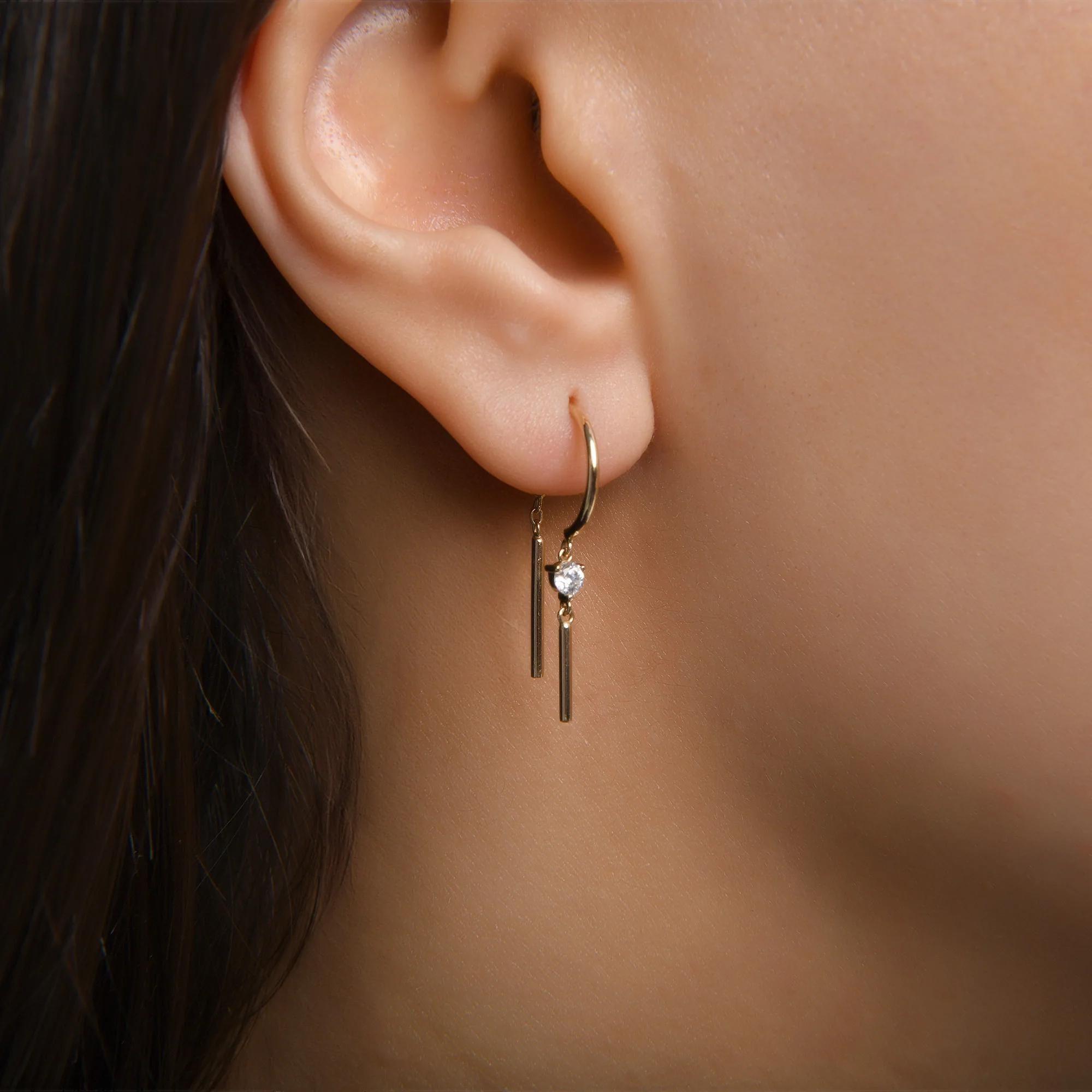 CZ Detailed Dangling Bar Relax Hoop Earring in 14K Solid Gold ...