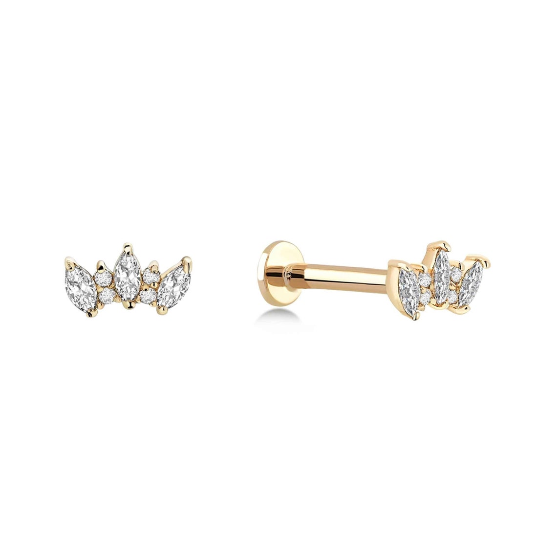 14K Solid Gold Queen 16G Flat Back Piercing | Marquise and Round CZ ...