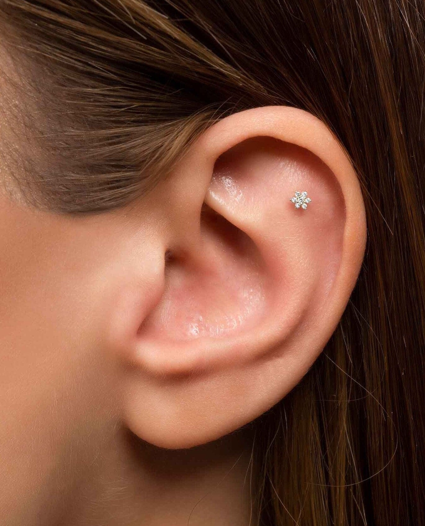 14K Solid Gold Daisy Ear Piercing | Flower CZ Piercing | Snow Flake ...