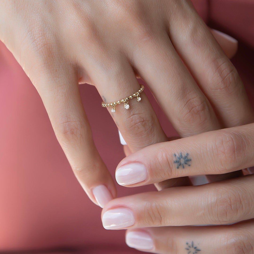 14K Solid Gold Dangle Stone Gold Ring | Dangle Wedding Band | Three ...