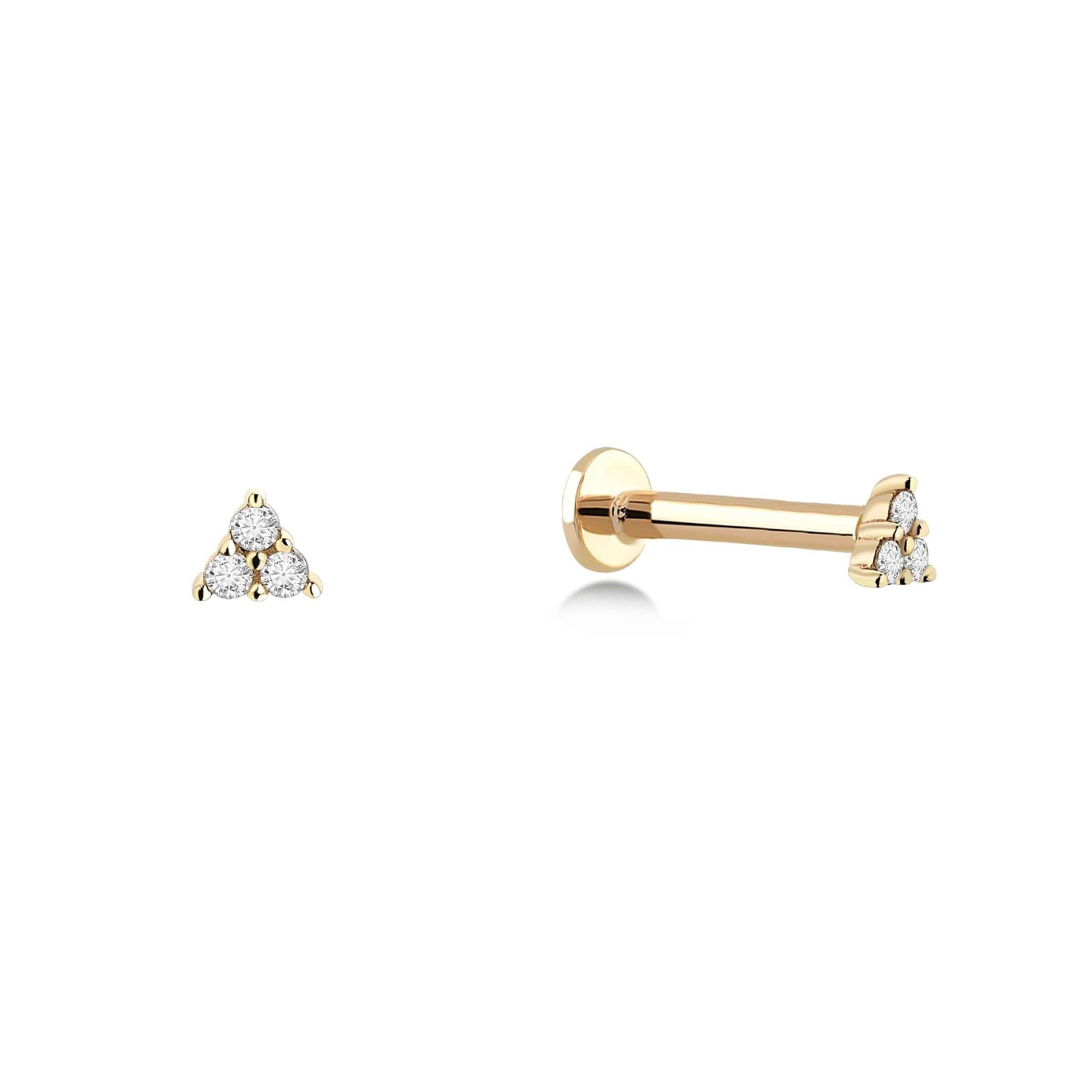 14K Solid Gold Triangle Piercing 16G Flat Back Piercing Crown Piercing ...