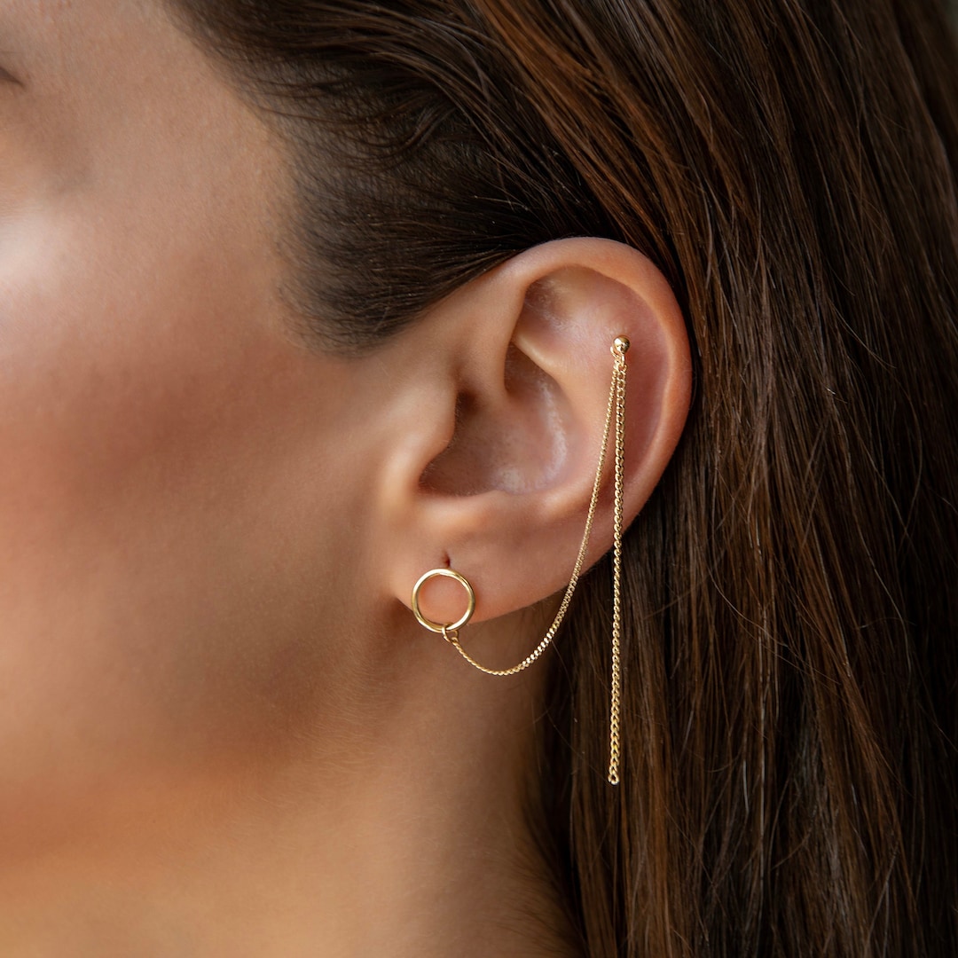 14k Solid Gold Chain Drop Stud Single Earring | Elegant Double Earring ...
