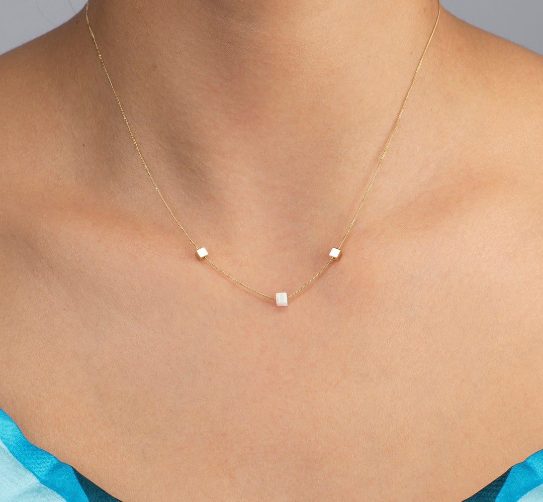 14k Solid Gold Moving Cube Opal Necklace Solid Gold Cube Opal Gemstone ...