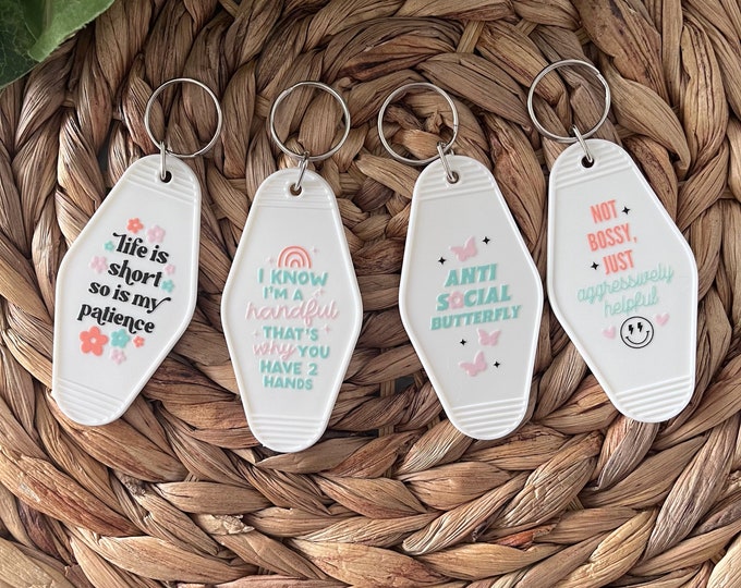 Retro Motel Keychain, Funny and Cute Keychains Engraved on Acrylic ...