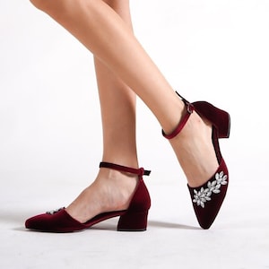 BURGUNDY VELVET SHOES Dark Red Rhinestone Applique Low Bling - Etsy