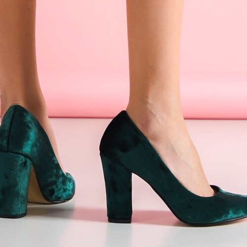 Dark Green Velvet Block Heels Green Wedding Shoes Velvet - Etsy