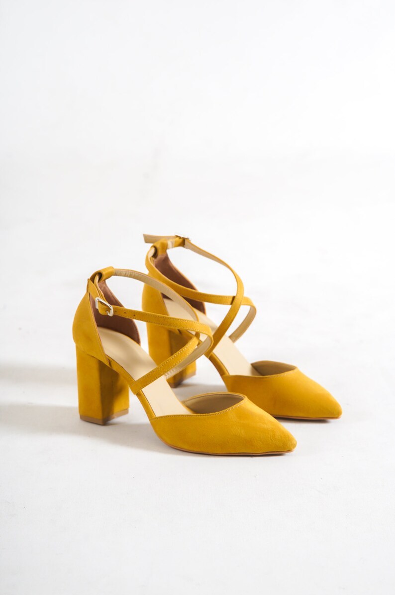 YELLOW CROSS SHOES Mustard Bridal Block High Heels Yellow - Etsy