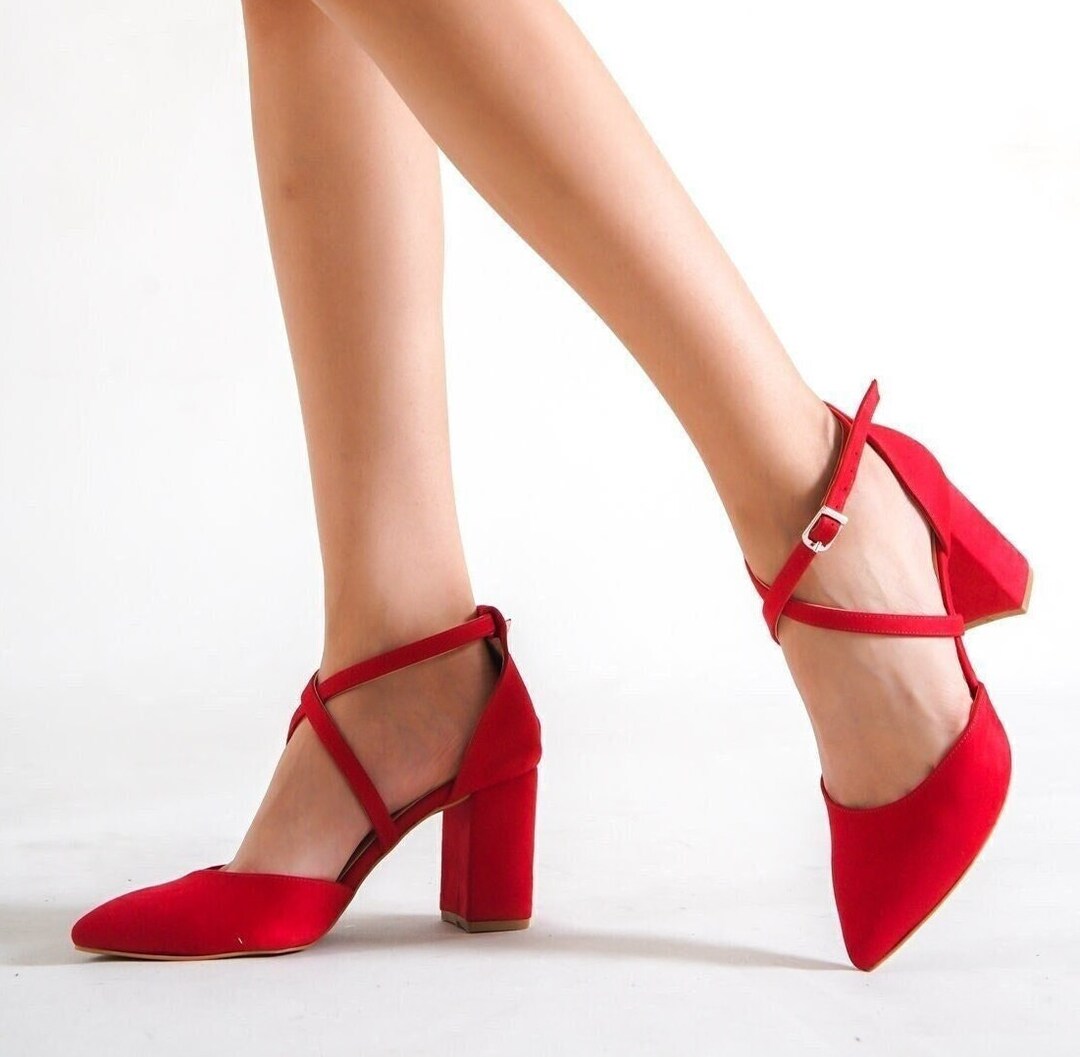 RED CROSS SHOES Red Suede Bridal Block High Heels Red Criss - Etsy