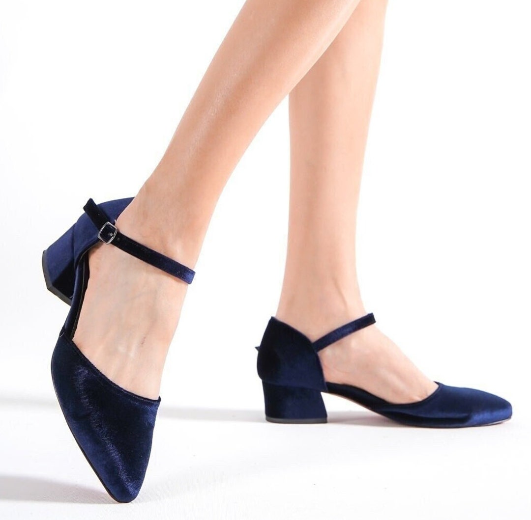 BLUE VELVET SHOES Low Block Heels Navy Blue Bridal Heels - Etsy