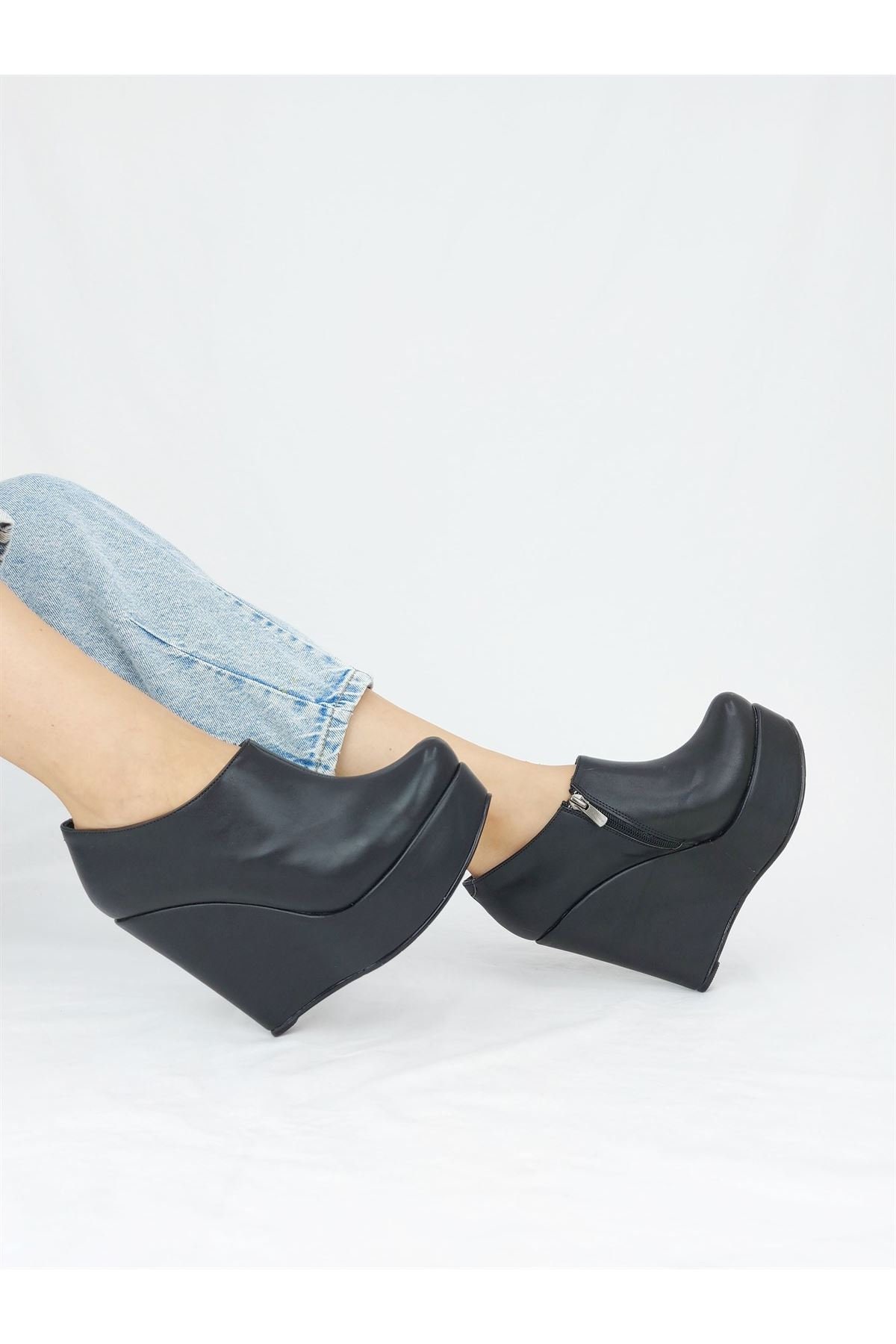 BLACK WEDGE BOOTS Black Leather Boots Wedge Heels With Side - Etsy