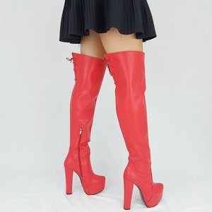 RED PLATFORM BOOTS, Knee High Boots With Lace Detail, Handmade Vegan ...
