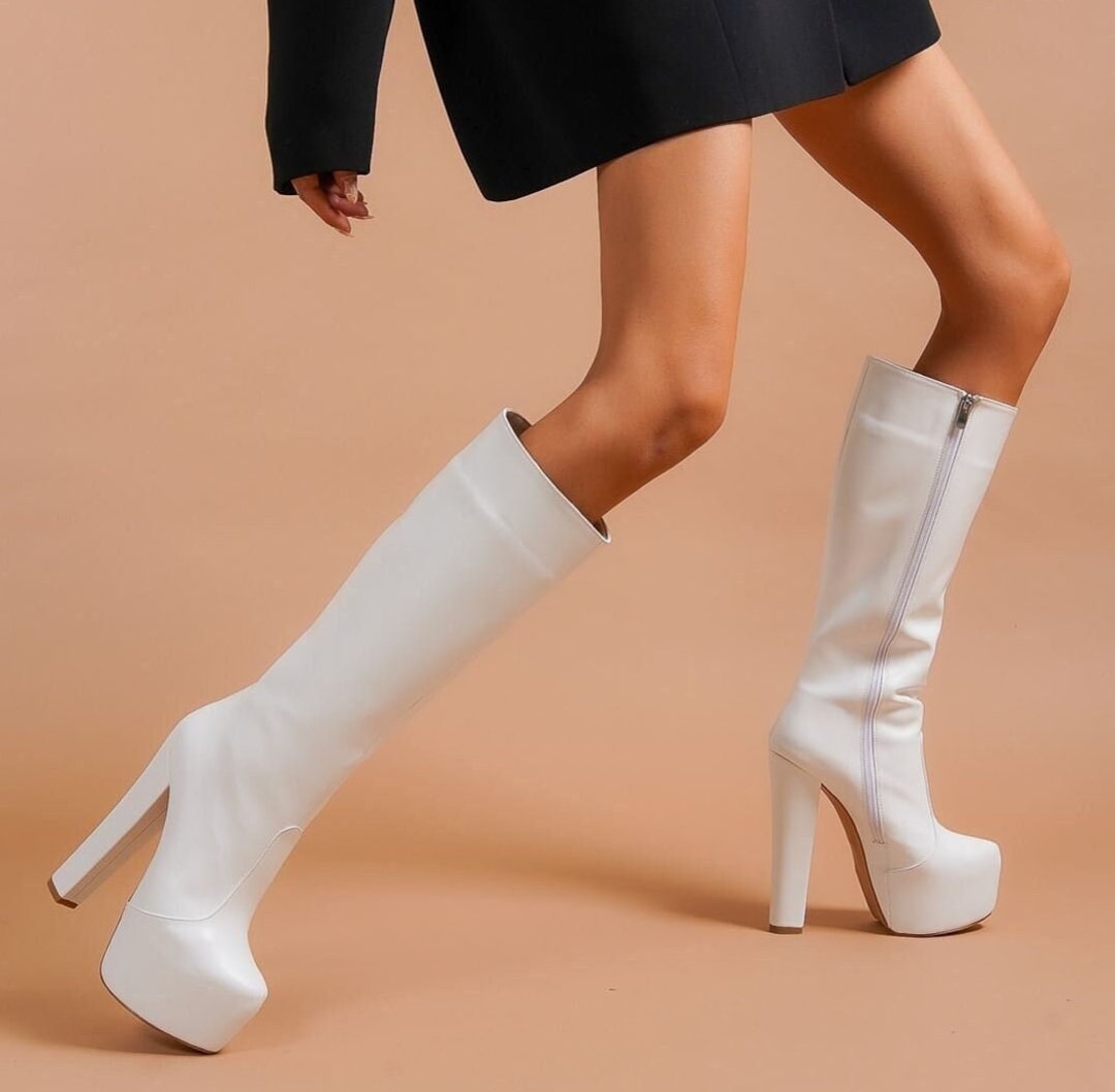 WHITE PLATFORM BOOTS, Knee High Boots, Vegan Leather Boots, Heeled Long ...