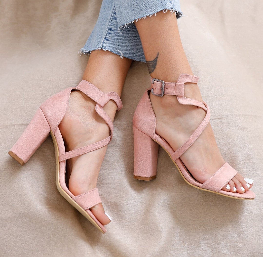 PINK LEATHER SANDALS, High Heels, Party Sandals, Bridal Block Heel ...