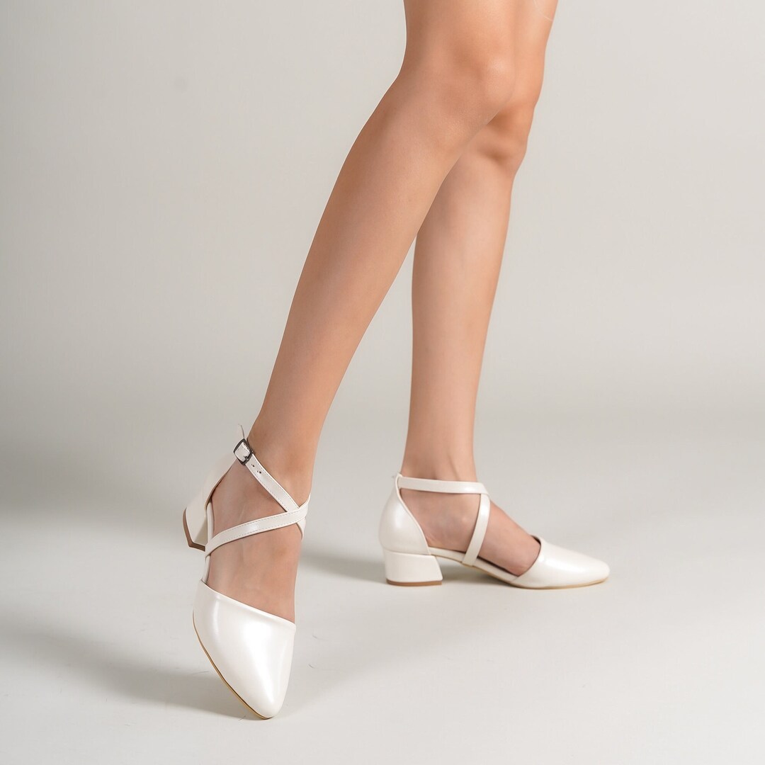 IVORY CROSS HEELS, White Low Block Heels, Wedding Flat for Bride ...