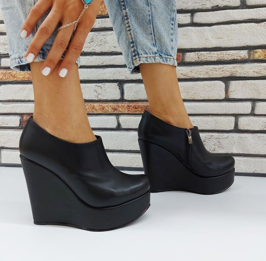 BLACK WEDGE BOOTS, Black Leather Boots, Wedge Heels With Side Zipper ...