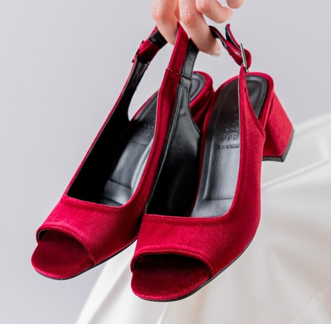 RED WEDDING SHOES, Open Toe Burgundy Block Heels, Peep Toe Heels for ...