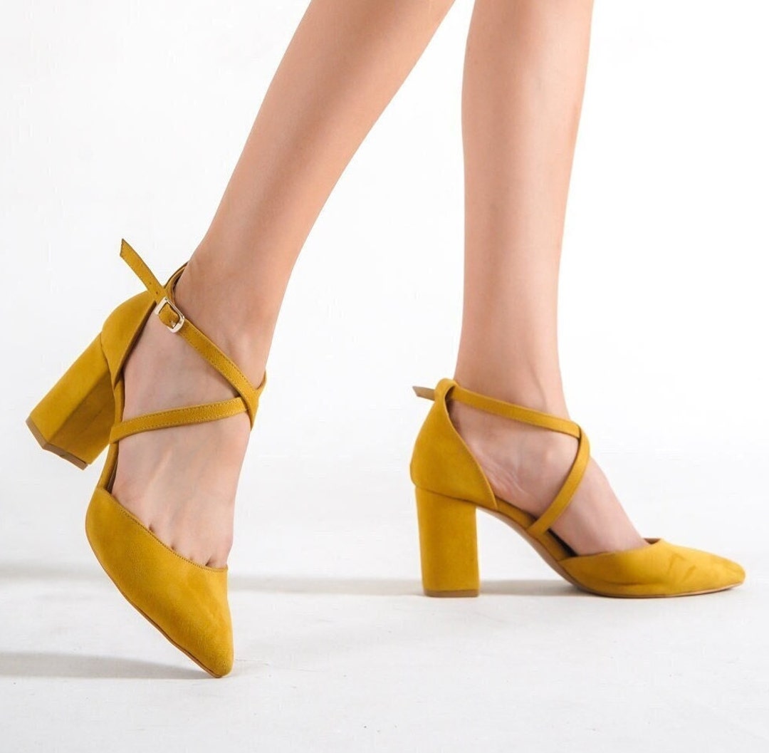 YELLOW CROSS SHOES Mustard Bridal Block High Heels Yellow - Etsy