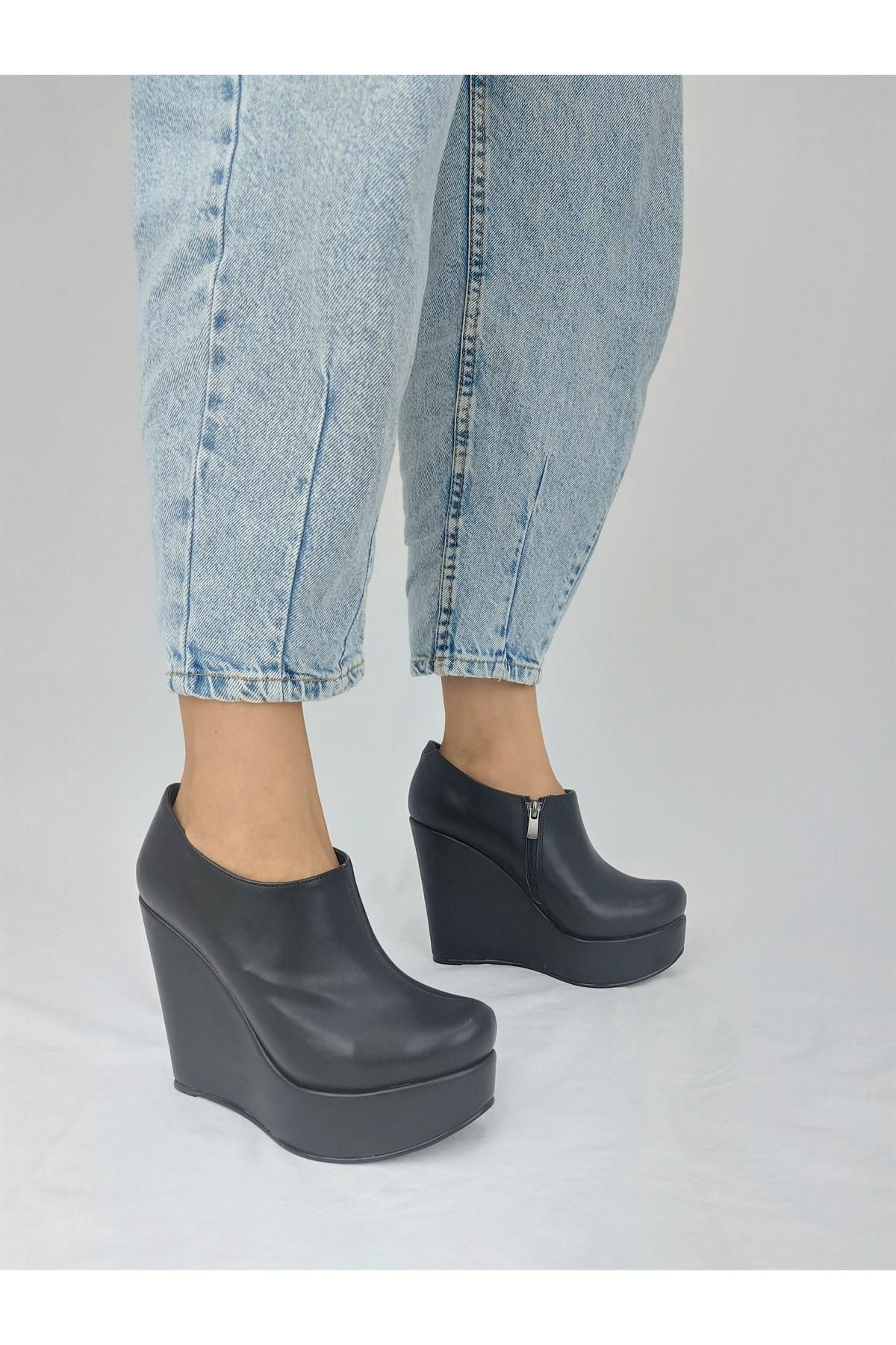 BLACK WEDGE BOOTS Black Leather Boots Wedge Heels With Side - Etsy